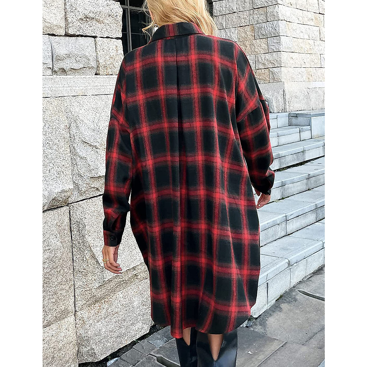 HangNiFang Long Flannel Shirts for Women Button Down Plaid Shirts Dresses Pocketed(0652-Red-XXL)