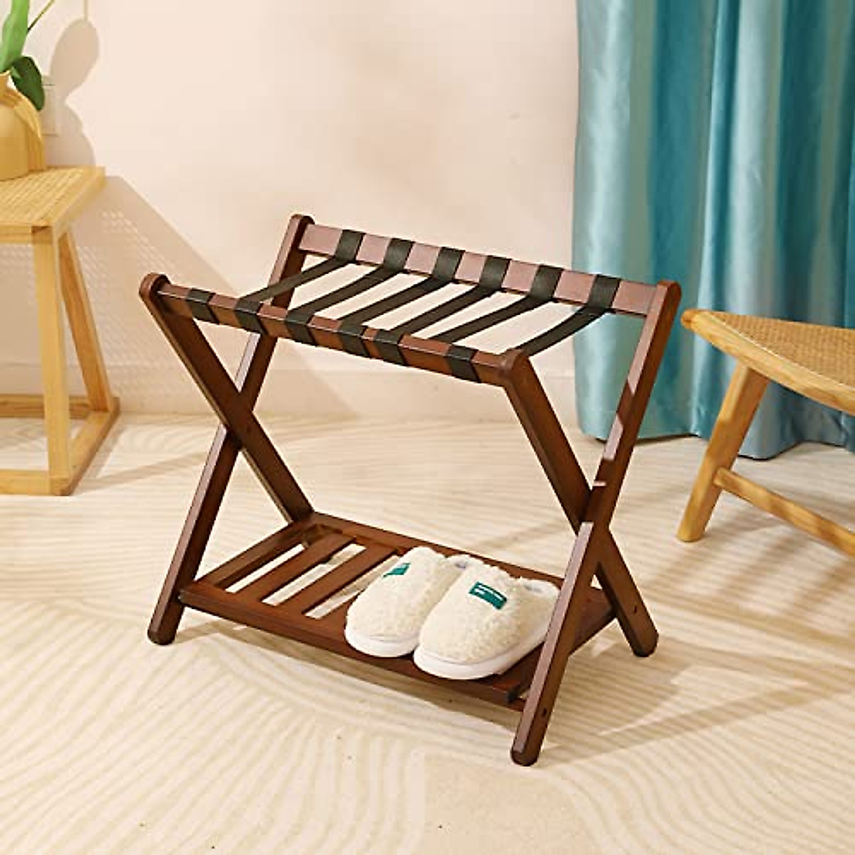 ArtsPavilion Fully Assembled Luggage Rack, Bamboo Folding Luggage Rack Suitcase Stand with Storage Shelf for Home Guest Room Bedroom Hotel