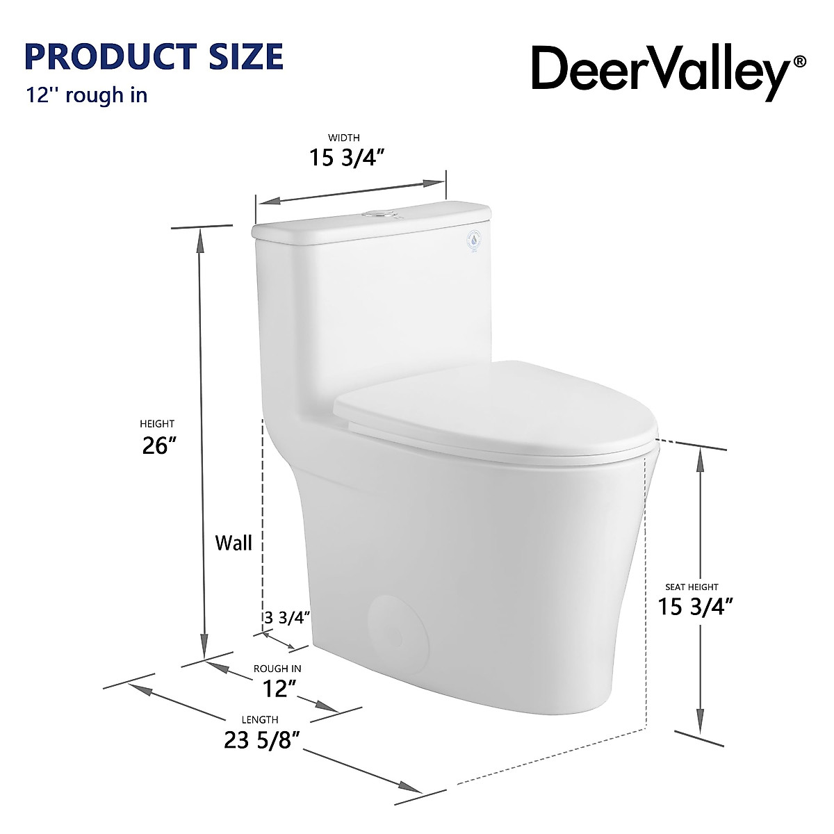 DeerValley DV-1F52807 Symmetry One Piece Toilet Elongated, Small Toilet Compact Modern One Piece Toilet with Soft Close Toilet Seat Ceramic Glossy White Toilets Single Flush for Small Bathroom Space