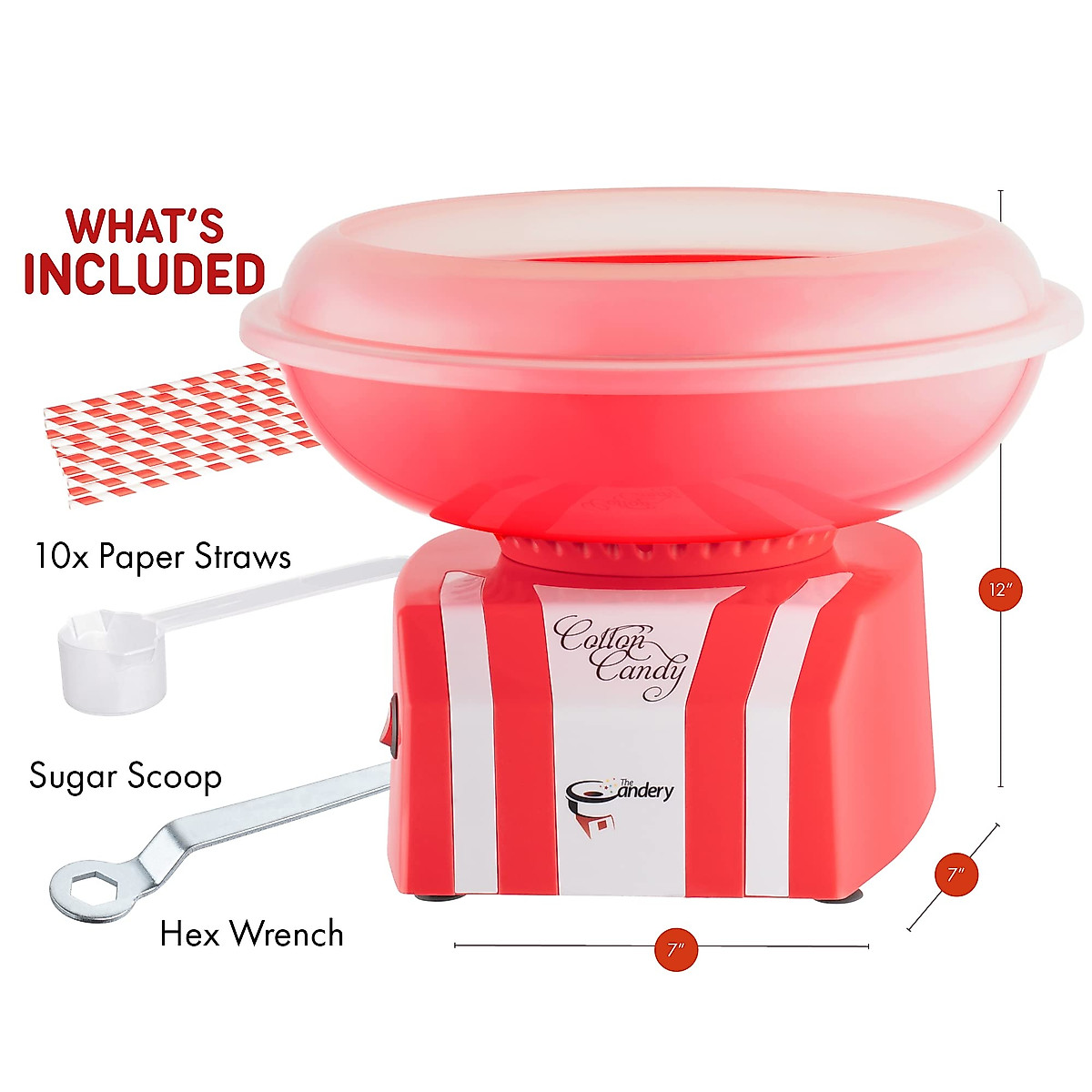 The Candery Cotton Candy Machine - Bright, Colorful Style- Makes Hard Candy, Sugar Free Candy, Sugar Floss, Homemade Sweets for Birthday Parties - Includes 10 Candy Cones & Scooper