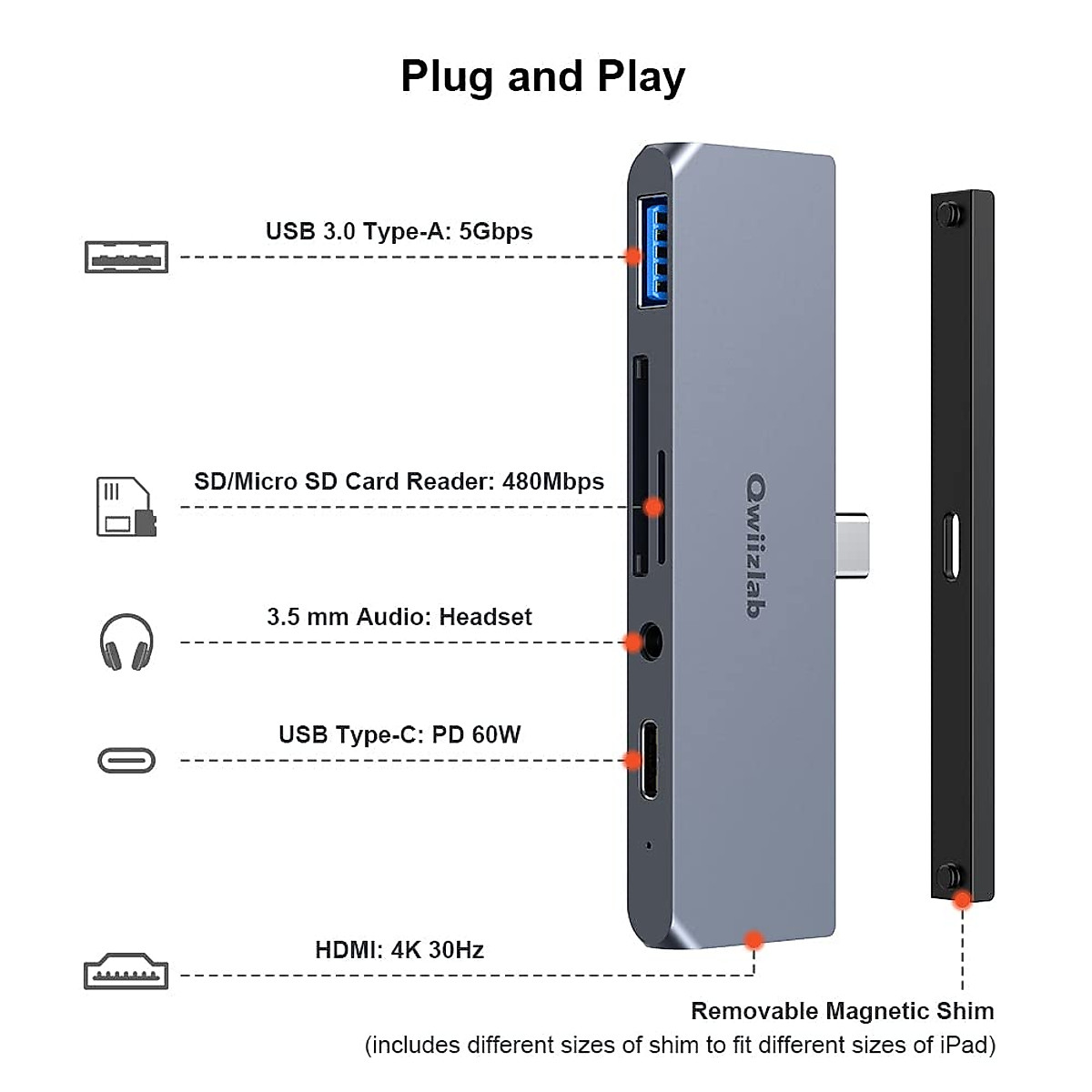 QWIIZLAB USB C Hub, 6-in-1 Adapter with HDMI 4K PD 60W USB 3.0 SD/microSD Card Reader 3.5mm Audio Jack for iPad Pro M1/M2/M4, iPad Air M1/M2, iPad Mini 6