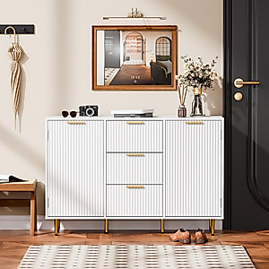 Cozy Castle 47.2" Buffet Cabinet, Large Coffee Bar Cabinet, Glossy Fluted Accent Sideboard with Adjustable Shelves, Credenza with Doors and Drawers for Living Room, Hallway, Kitchen, White