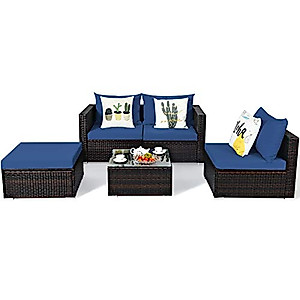 Tangkula 5 Piece Outdoor Patio Furniture Set, Sturdy Frame and Weight Capacity Up to 360 Pounds, Wicker Sectional Sofa Set with Glass Top Coffee Table, Porch Garden Poolside Furniture for 4