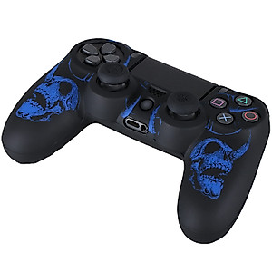 YoRHa Laser Carving Silicone Skin for PS4 Controller x 1(Skulls Blue) with Exclusive Thumb Grips x 8