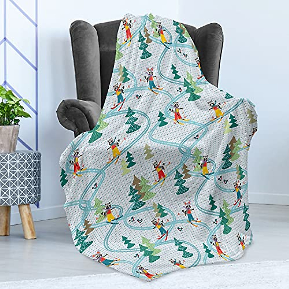 Ambesonne Sports Throw Blanket, Funny Raccoons Skiing Winter Pine Tree Christmas Humor Noel Print, Flannel Fleece Accent Piece Soft Couch Cover for Adults, 50" x 70", Green Aqua