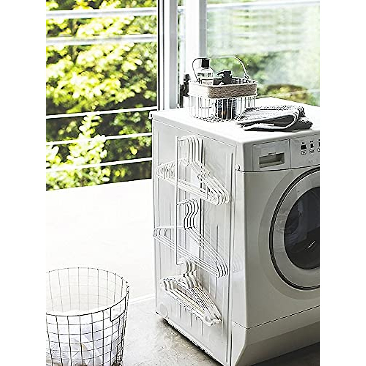 N/B Hanger Organizer, heaohu Single Row Large Capacity Multifunctional Magnetic Washing Machine Clothes Hangers Storage Rack, Artifact Balcony Finishing Clothing Rack Clip Free Punch Racks White