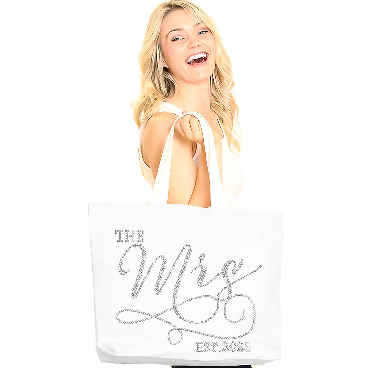 Gift Bag for Bride - Crystal Rhinestone The Mrs. Est. 2025 Rhinestone Modern Canvas Tote Bag - Bridal Shower Gifts - White Tote(Mod 2025 RS) Wht