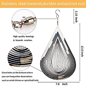 Wind Spinner Flowing-Light Effect Courtyard Decorations Made of Stainless Steel House Hanging Decoration 12“x 8“ Spinners with a 360° Rotating Hook (1 pc Water Drop-Silver)