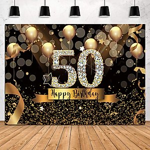 Sensfun 8x6ft Happy 50th Birthday Party Photography Backdrop Glitter Black and Gold Balloons Background for Woman Fabulous 50 Bday Party Decorations Shining Diamond Fifty Years Old Photo Booth Banner