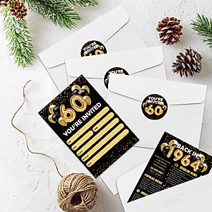 REWIDPARTY Black Gold 60th Birthday Invitations with Envelopes & Stickers（Set of 15） Back in 1964 Fill in Invitations Happy 60th Birthday Invite Cards 60 Years Old Birthday Party Supplies for Adults