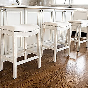 Maven Lane Adrien 26 Inch Counter Height Upholstered Backless Saddle Barstool in White Oak Finish with Natural Color Fabric Cushion Seat, Set of 2