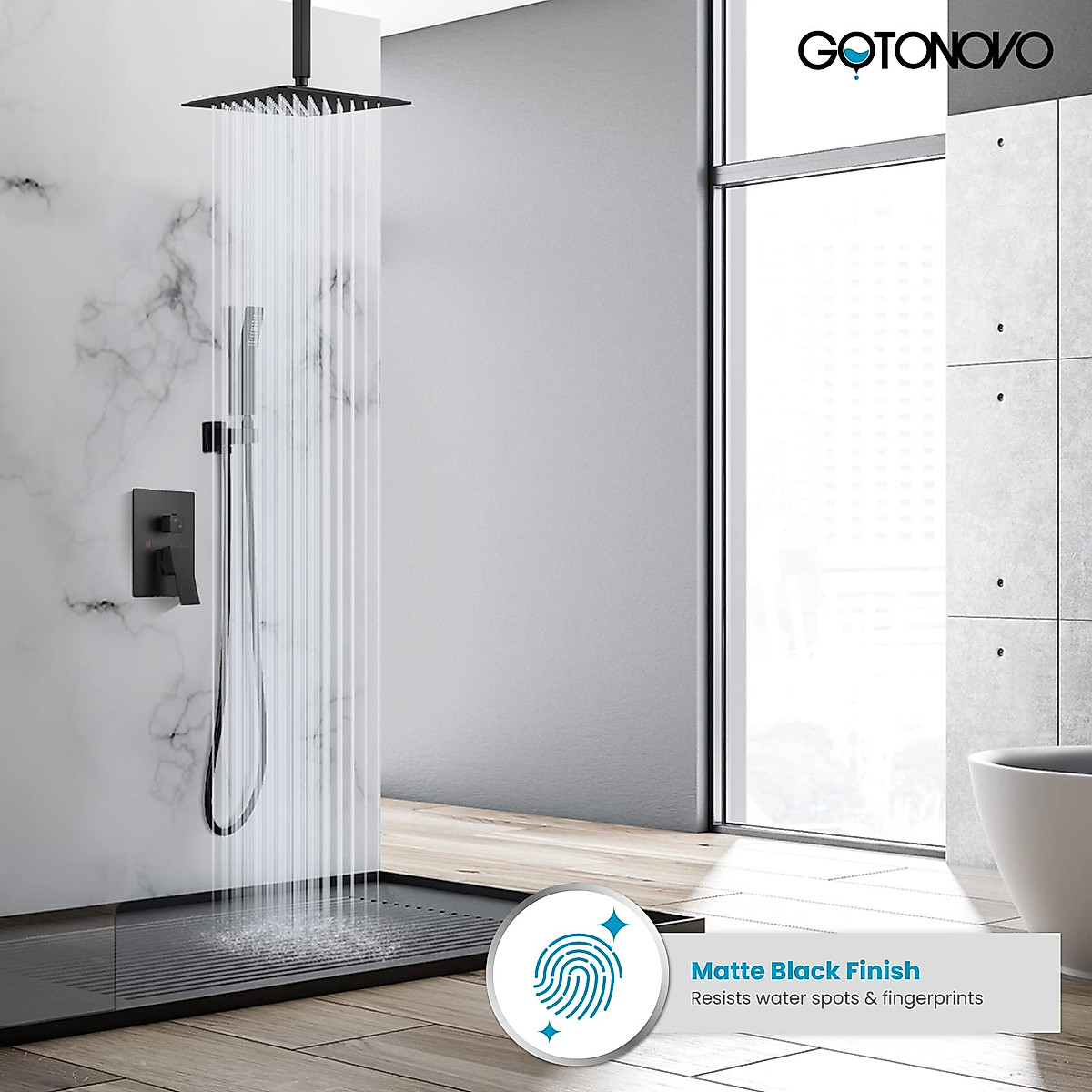 gotonovo Bathroom Matte Black 10 Inch Rainfall Shower Head Ceiling Mount with Handheld Spray Shower Mixer Faucet Luxury High Pressure Shower Combo Set Rough-in Valve and Shower Trim Included
