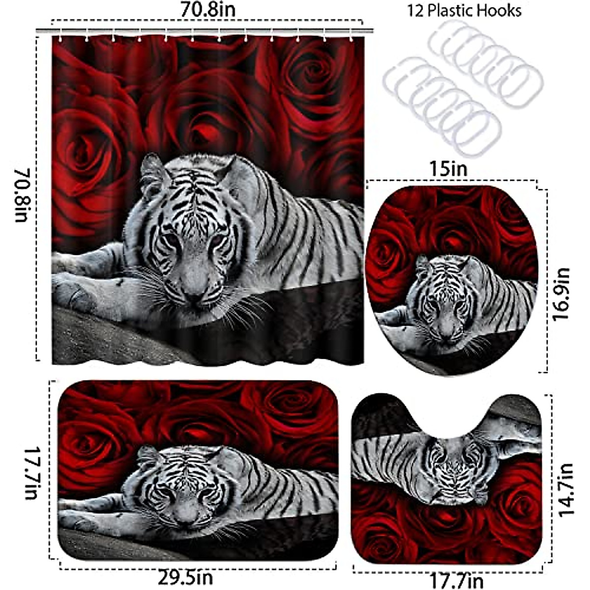XVWJ Red Rose Tiger Shower Curtain Sets with Rugs Toilet Lid Cover and Bath Mat, Waterproof Animal Shower Curtain with Hooks, Romantic Flower Tiger Bathroom Sets with Shower Curtain and Accessories