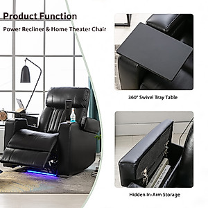 QKFF Leather Power Recliner Chair, Electric PU Recliner with Hidden Arm Storage, USB Charging Port, 2 Cup Holders, Tray Table, Phone Stand for Home Theater (Dark Black)