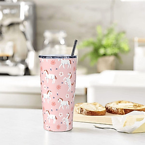 20 Oz Tumbler with Lid and Straw, Cartoon Cute Horse Flower Pink Insulated Tumbler Stainless Steel Cups, Personalized Coffee Tumbler Travel Mug Water Bottle