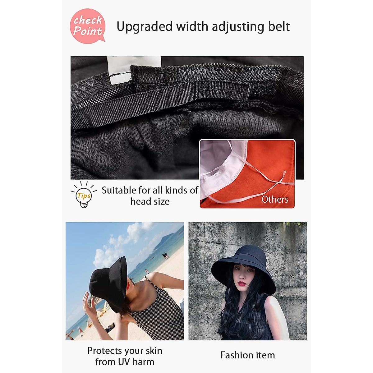 DRIONO Wide Brim Bucket Hat - UPF50+ Protection Travel Beach Sun Hat with Semi-Rigid Adjustable Foldable Brim -Black