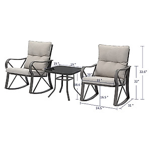 SUNBURY Outdoor 3-Piece Rocking Bistro Set, Modern Patio Furniture Set w Warm Gray Cushion, Glass Coffee Table, Small Rocker Conversation Set Patio Table and Chairs Set for Garden, Backyard