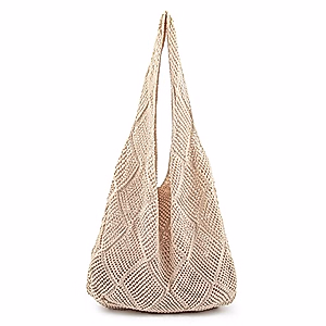 Stizimn Crochet Tote Bag for Women Shoulder Bag Handbags Knitting Hollow Hobo Bag Aesthetic Handmade Weaving Large Capacity (Diamond-shaped Hollow Beige)