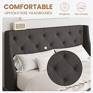SHA CERLIN Upholstered Full Size Platform Bed Frame with 4 Storage Drawers and Wingback Headboard, Diamond Stitched Button Tufted Design, No Box Spring Needed, Dark Grey