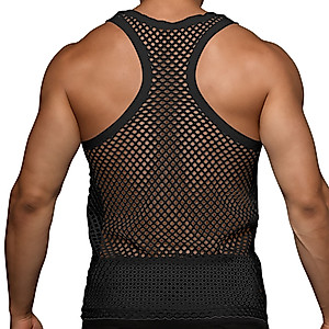 Beotyshow Mens Mesh Fishnet Tank Tops Fitted Sleeveless Night Club Style Muscle Top Summer Workout Beach Shirts Black