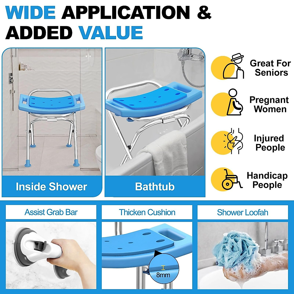 Medhelp Upgraded Folding Shower Chair, Stainless Steel Foldable Shower Seat for Inside Bathtub, Lightweight & Portable Travel Shower Stool, Anti-Slip Feet Bath Chairfor Elderly, Disabled, Injured