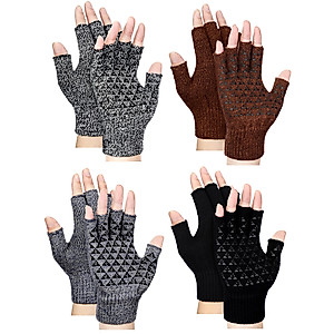 4 Pairs Unisex Winter Half Finger Knit Gloves Stretchy Non-Slip Winter Warm Knitted Fingerless Gloves (Black, Dark Gray, Gray, Brown)