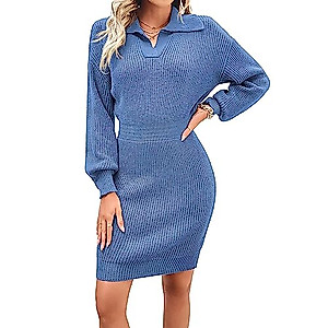 Pink Queen Fashion Long Sleeve Dress for Women Trendy Ribbed Knitted Polo Pullover Sweater Bodycon Mini Dresses Blue M