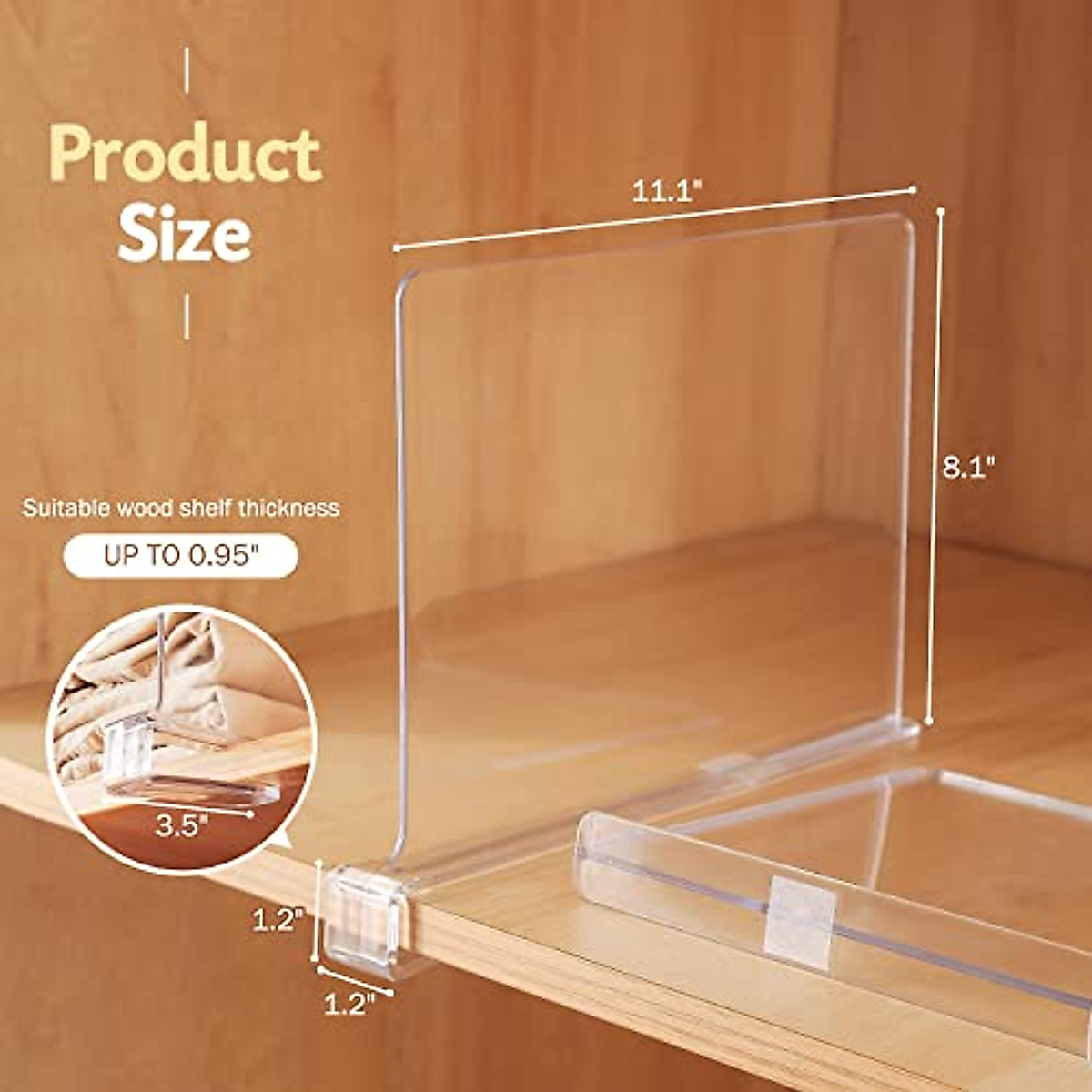 Sclvdi Acrylic Shelf Dividers,4 Pcs Closets Shelf Organizer for Clothing Handbags Books in Pantry, Bedroom and Kitchen, Adjustable Clear Closet Separator Wood Shelves Organize