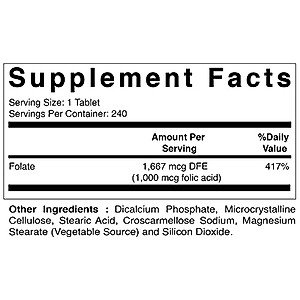 Vitamatic Folic Acid 1000 mcg (1 mg) - Vegetarian Tablets - 1667 mcg DFE - Vitamin B9 (240 Count (Pack of 1))