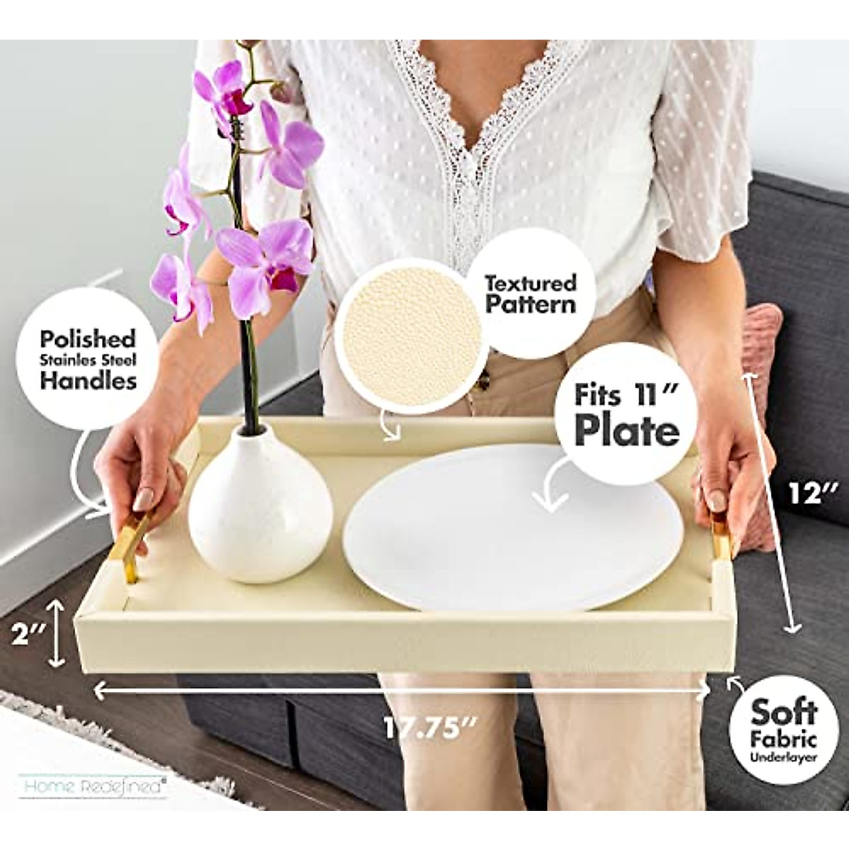 Modern Elegant 18"x12" Rectangle Cream Glossy Shagreen Decorative Ottoman Coffee Table Perfume Living Room Kitchen Serving Tray with Gold Polished Metal Handles by Home Redefined for All Occasion's