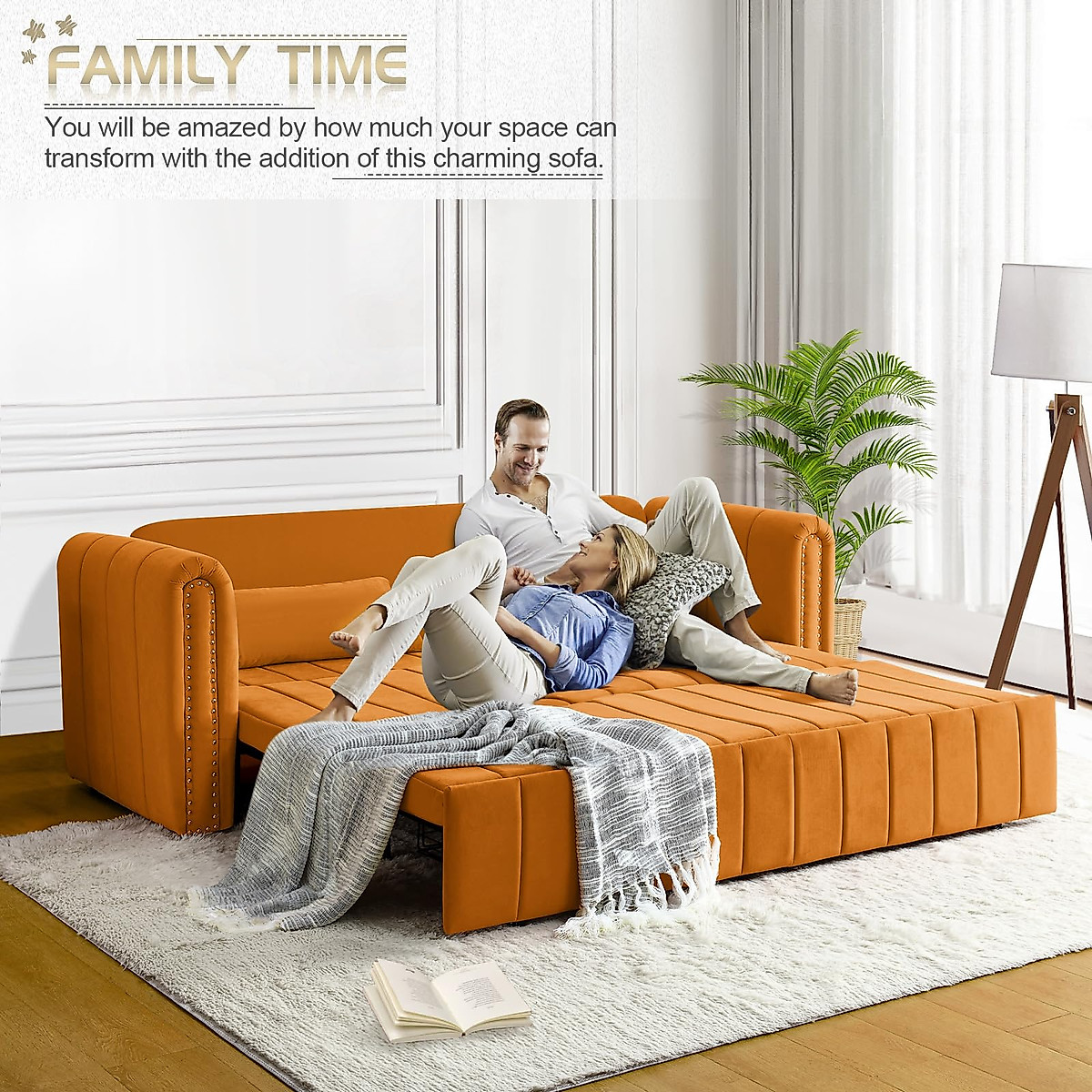 Antetek Oversized Sleeper Sofa w/Pullout Bed, 82-inch Modern Velvet Fabric Deep 3-Seat Couch with Metal Frame, 2 Toss Pillows, Comfy Upholstered Furniture for Living Room, Orange