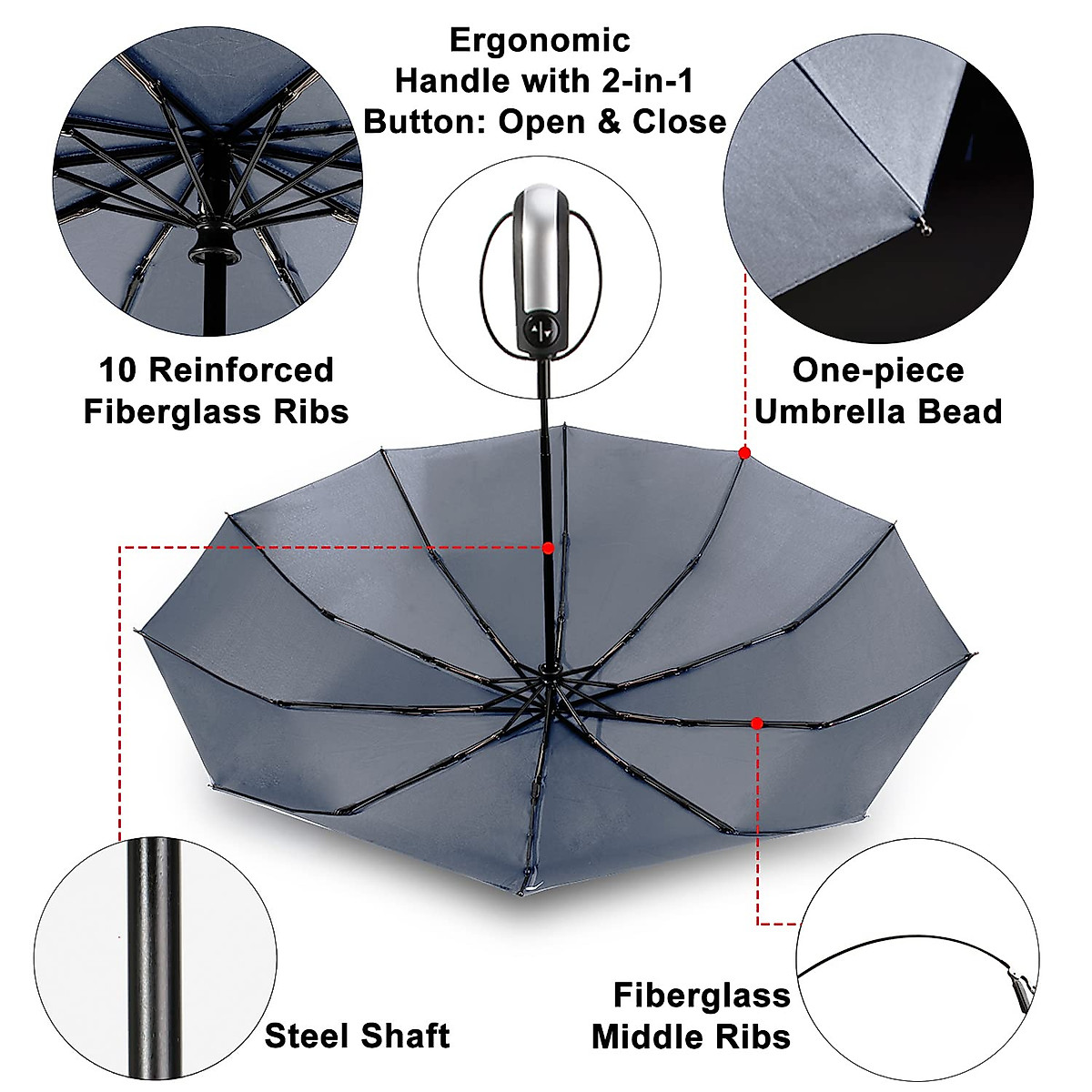 TradMall 4 Pack Travel Umbrella Windproof Portable 46 Inches Large Canopy Ergonomic Handle Auto Open & Close, Gray