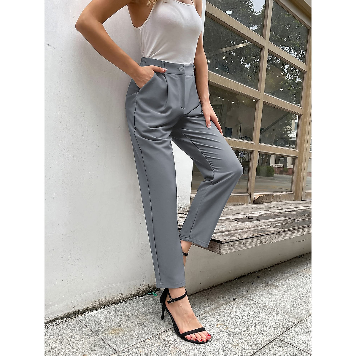 GRACE KARIN Women Casual Work Pants with Pockets Elastic Waist Pants Blue Grey M