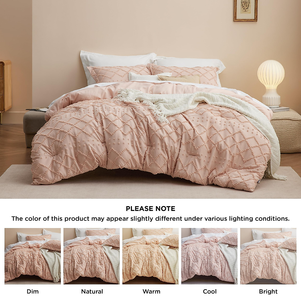 Bedsure Twin/Twin XL Comforter Set - Coral Pink Boho Twin Extra Long Comforter Set for College, Shabby Chic Dorm Bedding Set, 2 Pieces Modern Farmhouse Bed Set, Includes 1 Pillow Sham