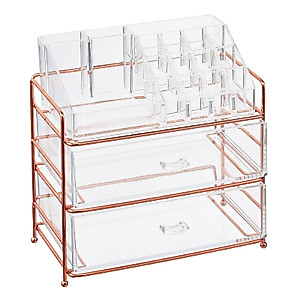 mDesign Plastic Cosmetic Storage Organizer Station with 2 Drawers and 16 Divided Sections for Bathroom, Cabinet, Vanity, Countertop - Holds Makeup Palettes, Brushes, Blush, Mascara - Rose Gold/Clear