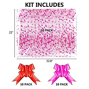 CIEOVO 20 Pieces Large Valentine Basket Bags with 20 Pieces Bows Ribbon 23 x 35 Inch Clear Valentines Day Baskets Empty Bags Heart Printed Cellophane Wrap for Gift Baskets Presents Weddings