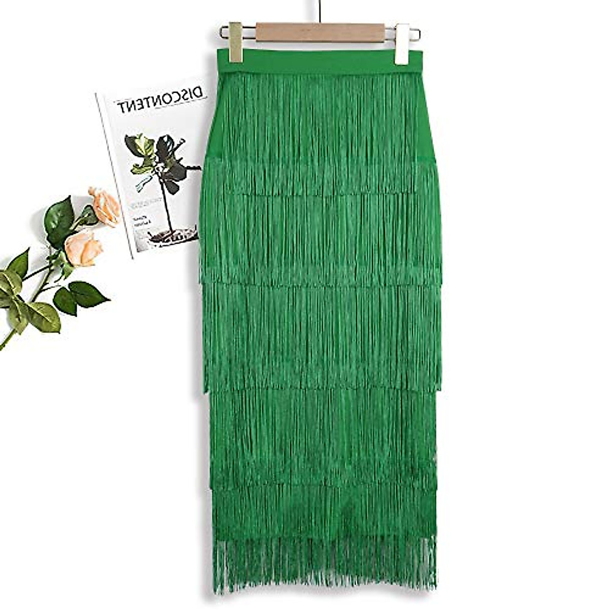 AOMEI Women's Spring Green High Waist Fringe Tiered Bodycon Pencil Midi Skirt S