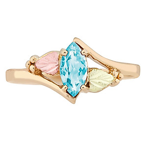 Synthetic Aquamarine Marquise March Birthstone Bypass Ring, 10k Yellow Gold, 12k Green and Rose Gold Black Hills Gold Size 8.5