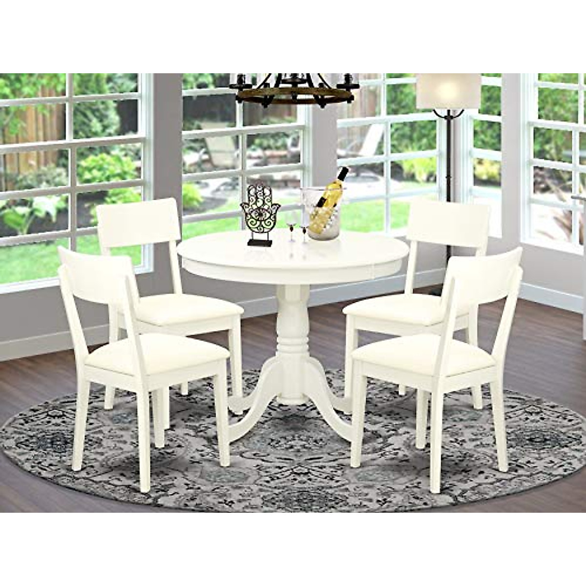 East-West Furniture ANAD5-LWH-LC Kitchen Dining Table Set - 4 Fantastic Wooden Dining Chairs with Faux Leather Seat - A Pedestal Dining Table (Linen White Finish)