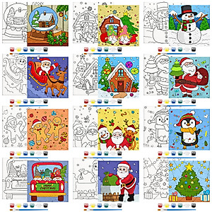 Cholemy 12 Set Christmas Pre Drawn Canvas for Painting 10 x 10 Inch Xmas Trees Santa Snowman Canvas Boards with 12 Acrylic Paints and 12 Paintbrushes for Adults DIY Art Paint Supplies, 12 Styles
