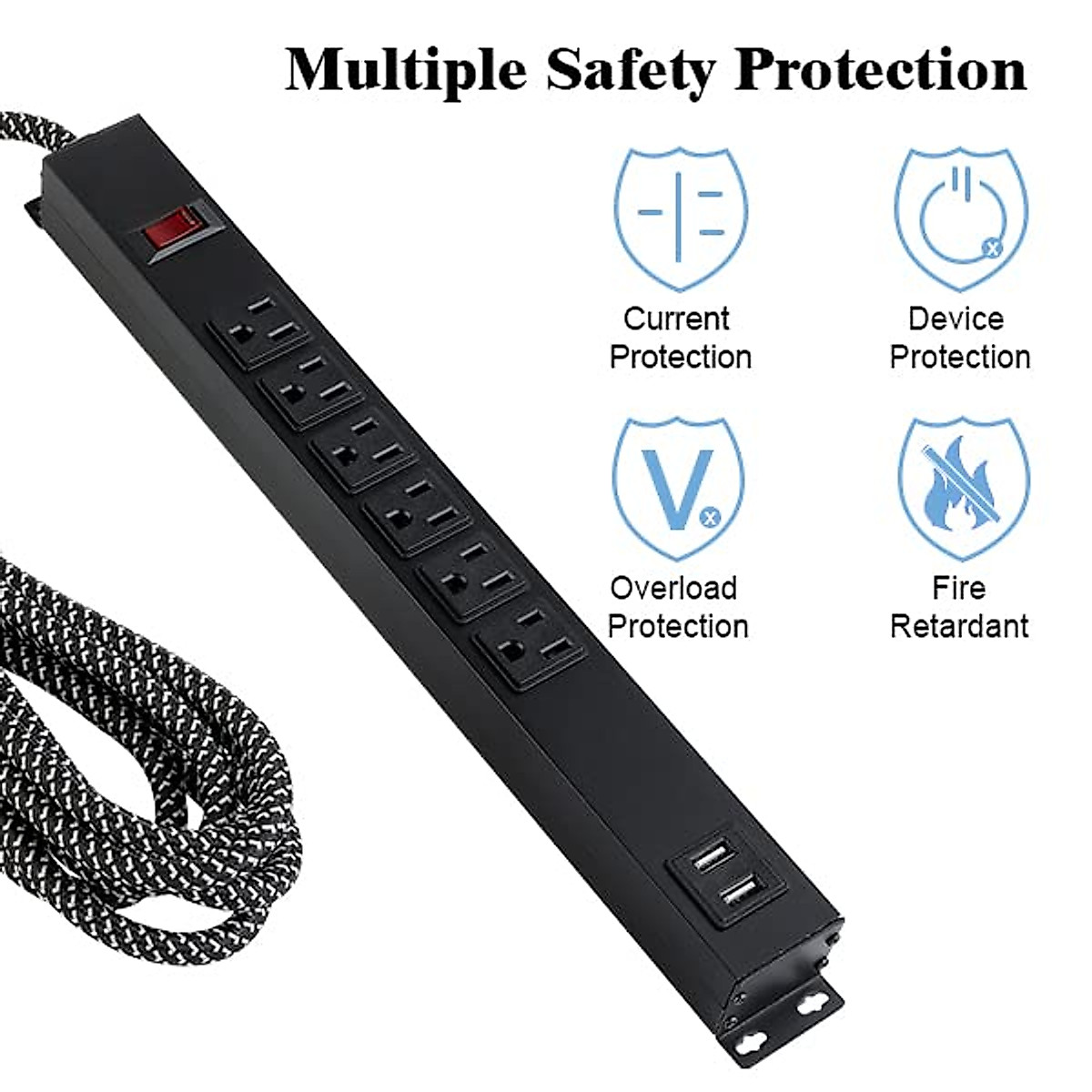 6 Outlet Surge Protector, Metal Power Board with USB Port, Wall Mount Power Board, 8 ft. Braided Extension Cord, 15A 125V 1875W…