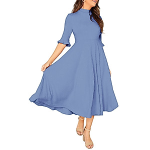 Verdusa Women's Elegant Ribbed Knit Bell Sleeve Fit and Flare Midi Dress Slate Blue S