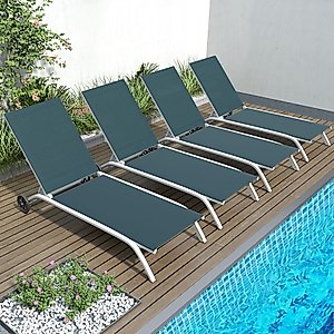 YITAHOME Aluminum Outdoor Chaise Lounge Set of 4 with Wheels, Pool Lounge Chair Patio Lounger with Extended Width, 5-Position Adjustable Backrest for Patio, Poolside, Deck - Dark Green