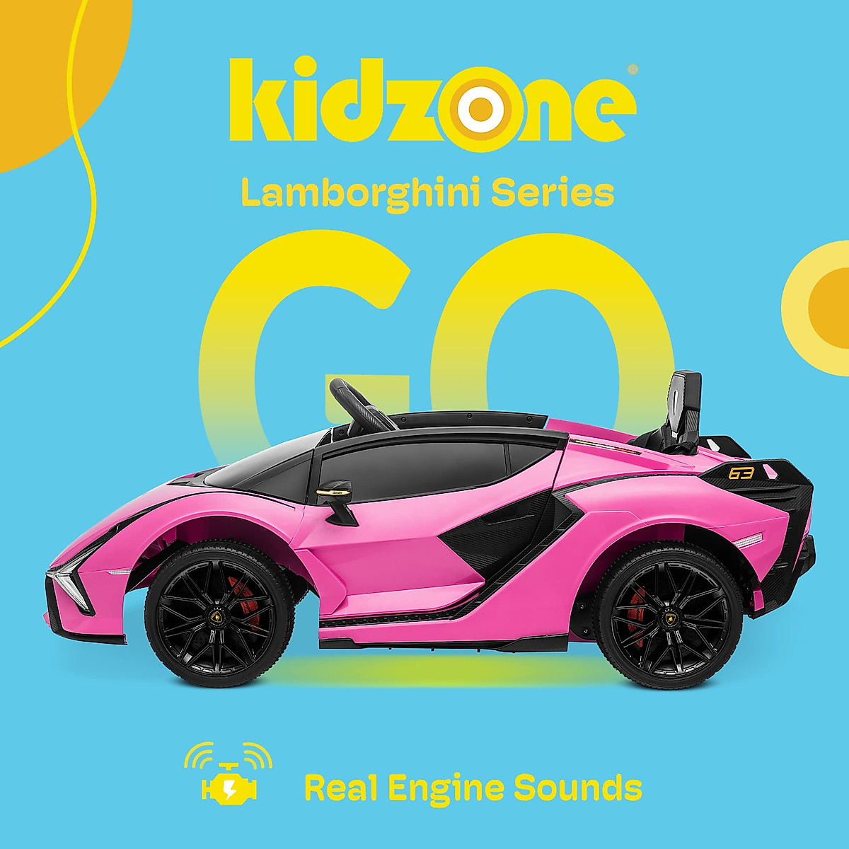 Kidzone Kids Electric Ride On 12V Licensed Lamborghini Sian Roadster Battery Powered Sports Car Toy with 2 Speeds, Parent Control, Sound System, LED Headlights & Hydraulic Doors - Pink