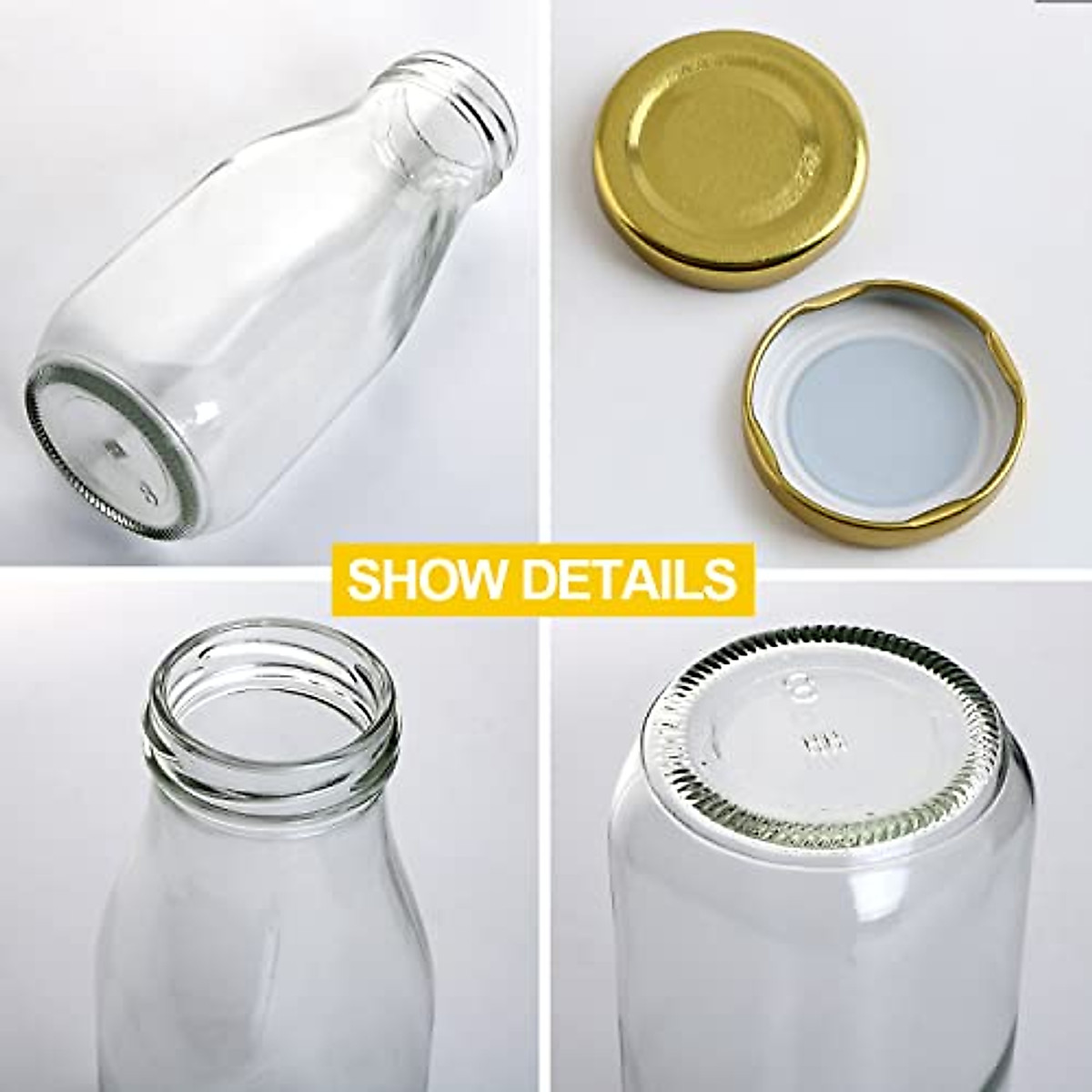 12 oz Glass Bottles, Clear Glass Milk Bottles with Gold Metal Airtight Lids, Vintage Breakfast Shake Clear Container, Vintage Drinking Bottles with Whiteboard Labels and Pen for Party,Kids,Set of 20