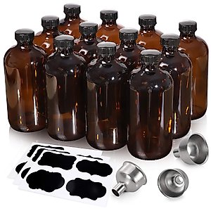 AOZITA [ 12 Pack, 16 OZ ] Glass Amber Bottles with Black Poly Cone Cap & 3 Stainless Steel Funnels & 12 Labels - 480ml Boston Round Sample Bottles, Brown Glass Apothecary Bottles