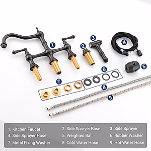 JetsBath Oil Rubbed Bronze Brass Bridge Kitchen Faucet with Side Sprayer, Deck Mount Kitchen Sink Faucet with 2 Handle, 8” Centerset Kitchen Faucets for Sink 4 Hole, Swiveling Spout Kitchen Faucet
