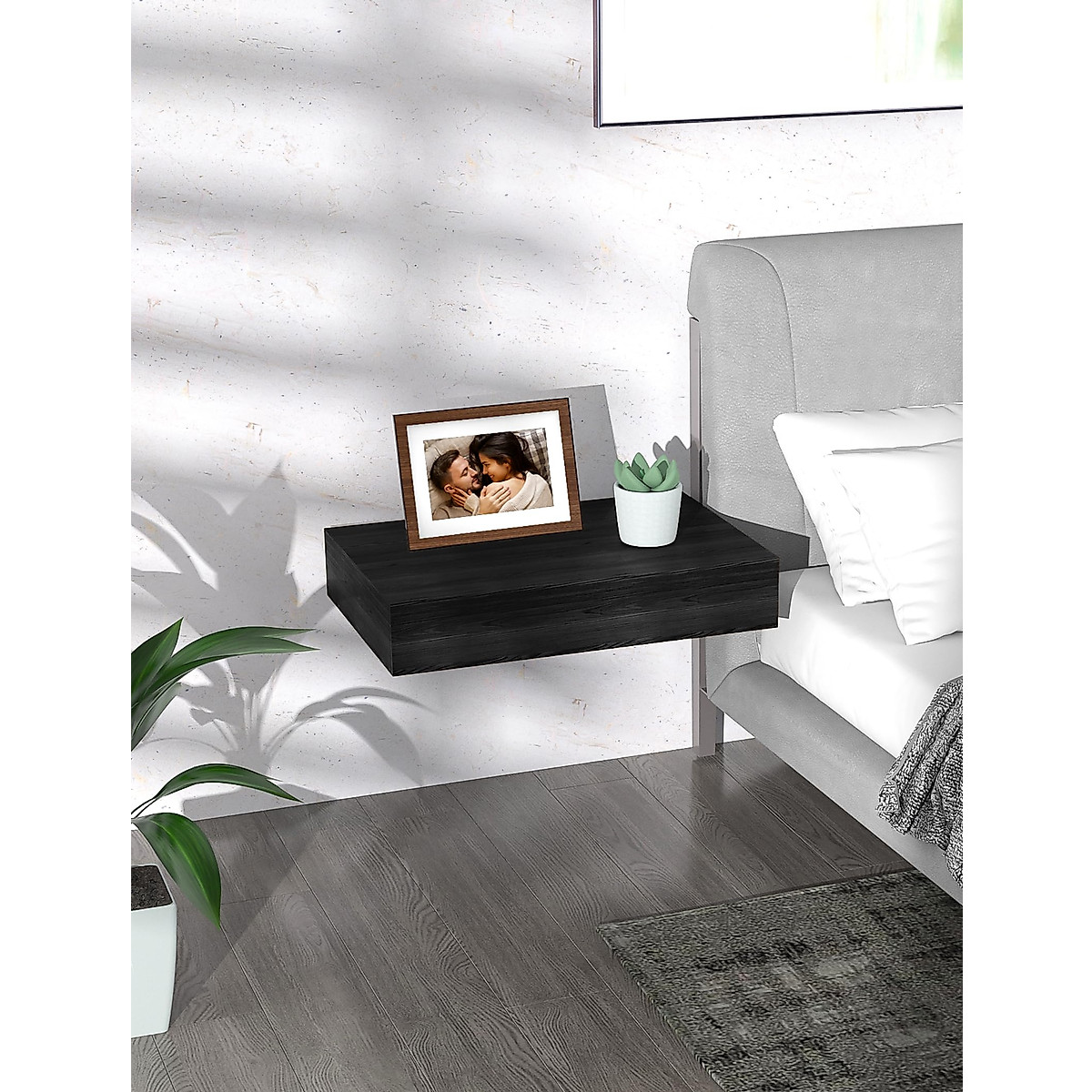 NiHome Floating Shelf with Drawer, Floating Nightstand, Floating Shelf Wood, Wall Mounted Rustic Wood Shelf for Bedroom, Living Room, Kitchen, Hold up to 80lbs (Black)