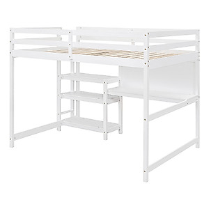 Full Size Loft Bed with Desk and Storage,Wood loft beds,for Girls Boys Teens Adults,No Box Spring Needed（White）