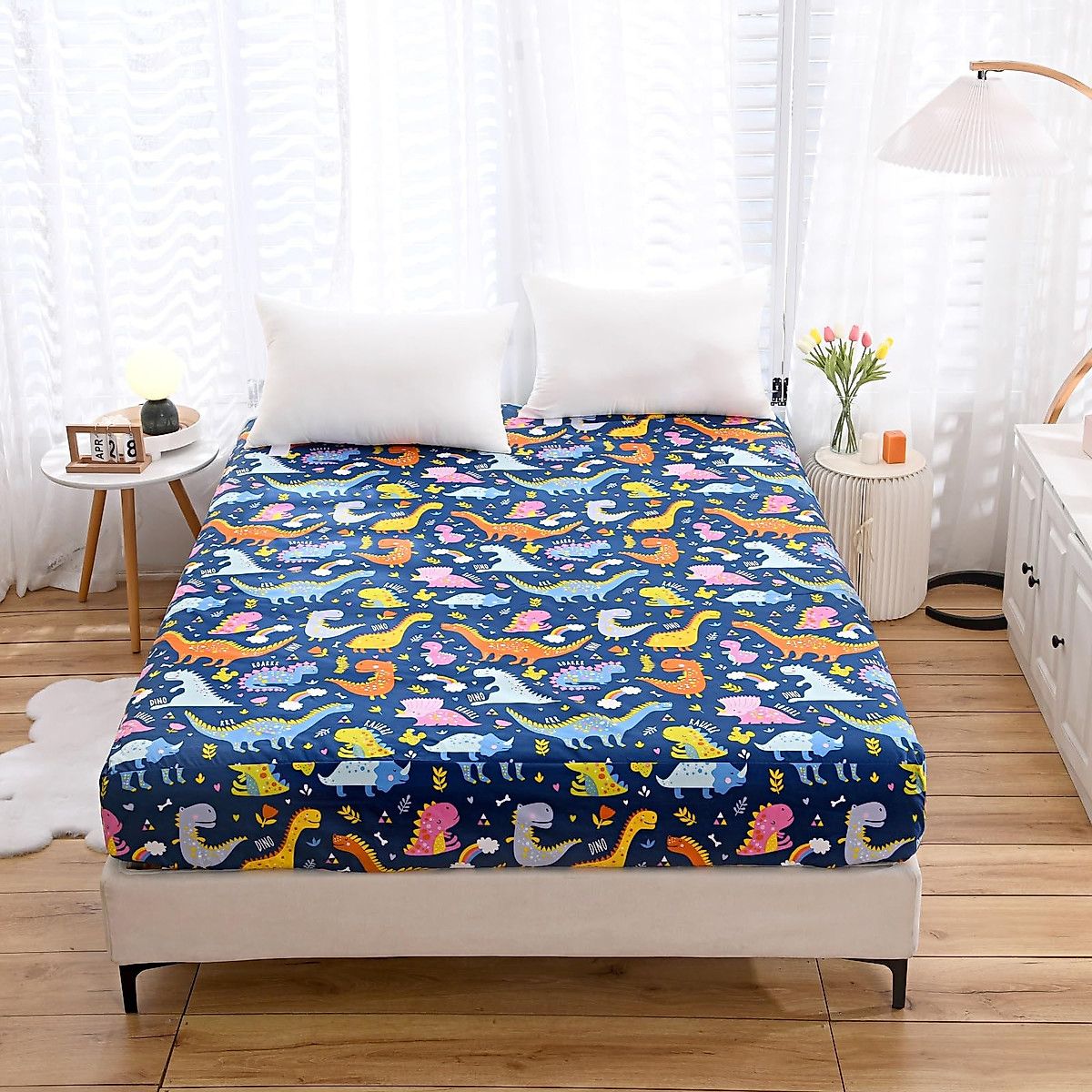 NATURETY Soft Bedding Fitted Sheet with Deep Pocket,Thicken Fabric Dino Printed Bed Sheets for Teens (Navy Blue(Dinosaur), Twin)